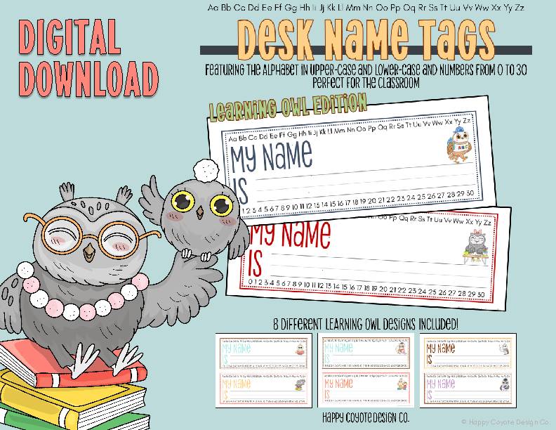 8 Desk Name Tags | Back to School | Learning Owl Edition | Uppercase ...