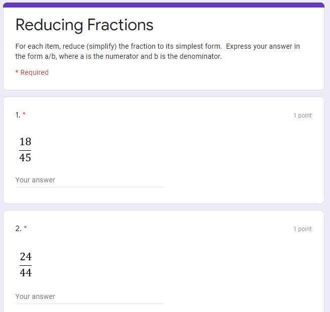 Reducing Fractions (Advanced) - Self-Scoring Google Forms Assessment ...