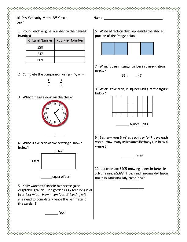 3rd Grade Kentucky KSA Math Test Prep / Standards Review - 10 Days of ...