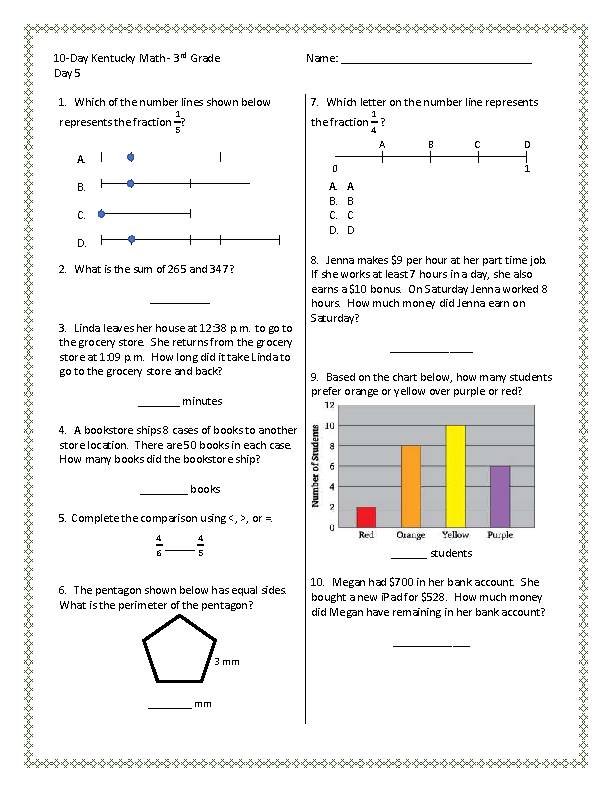3rd Grade Kentucky KSA Math Test Prep / Standards Review - 10 Days of ...