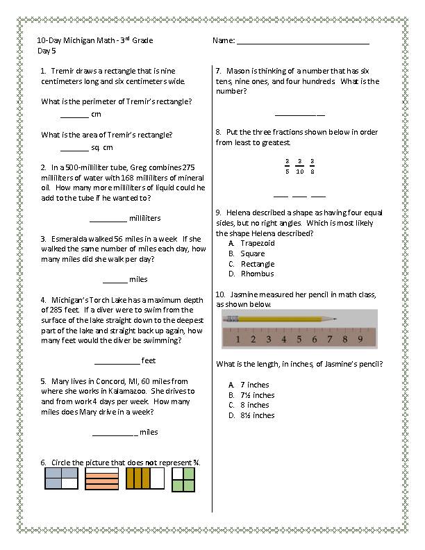 3rd Grade Michigan M-Step Math Test Prep / Review - 10 Days of Practice ...