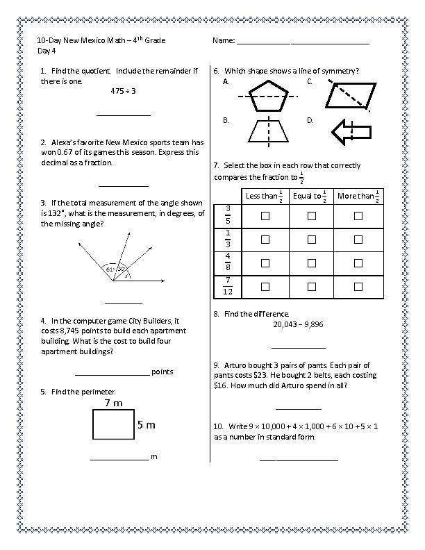 4th Grade New Mexico PARCC Math Test Prep / Review - 10 Days of ...