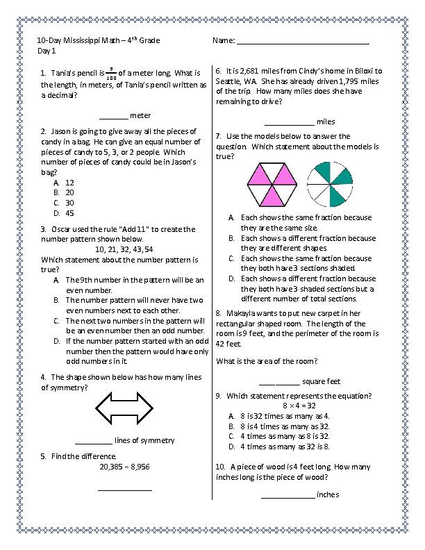4th Grade Mississippi MAAP Math Test Prep / Review - 10 Days of ...