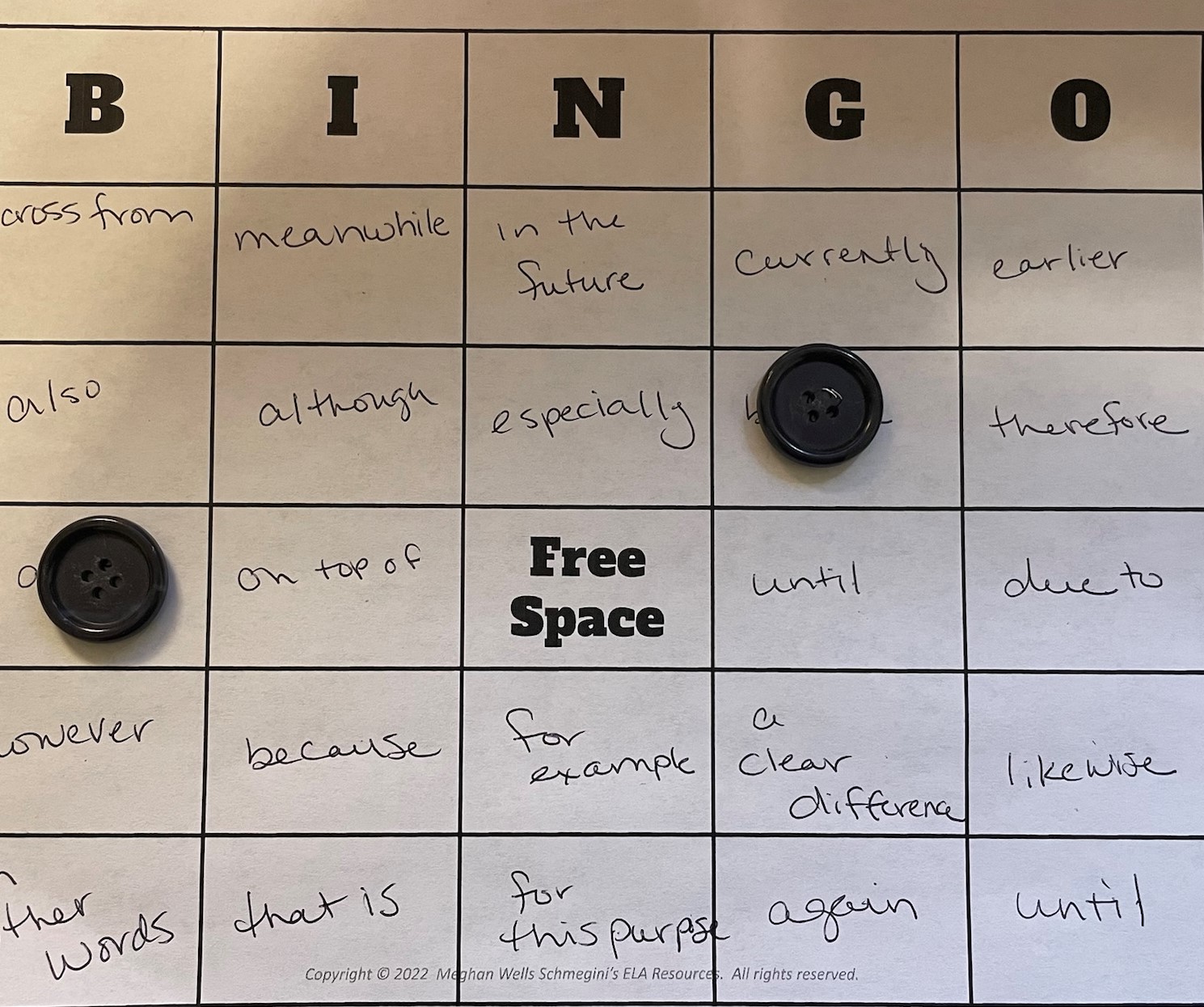 BINGO with Transitional Words and Phrases - Classful