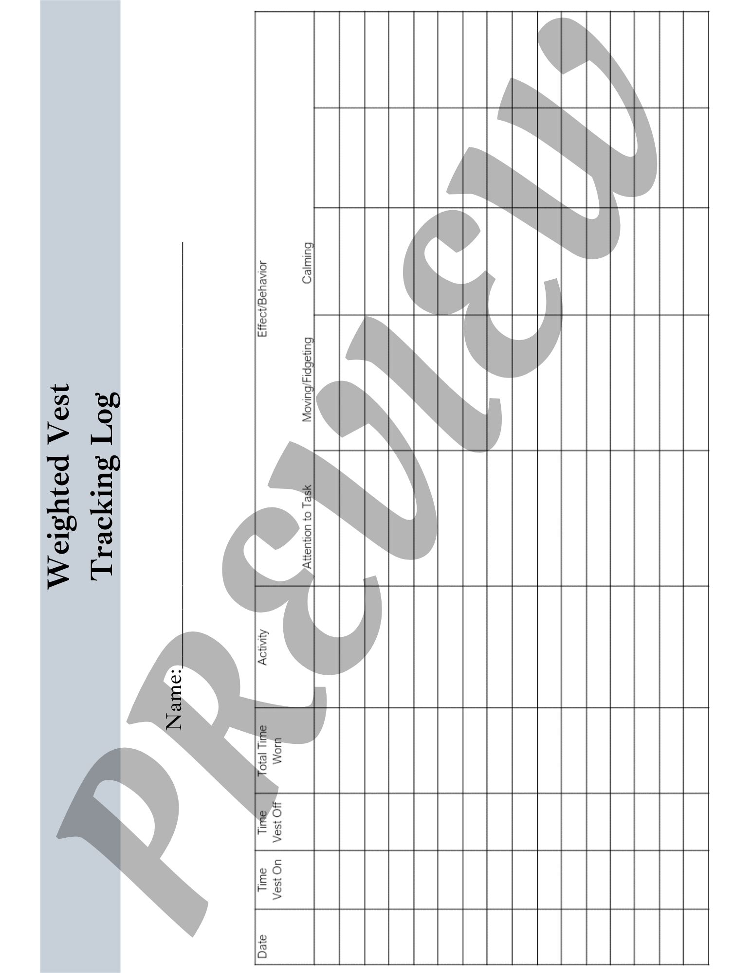 Weighted Vest Tracking Log and Behavior Log for Pediatric Occupational ...
