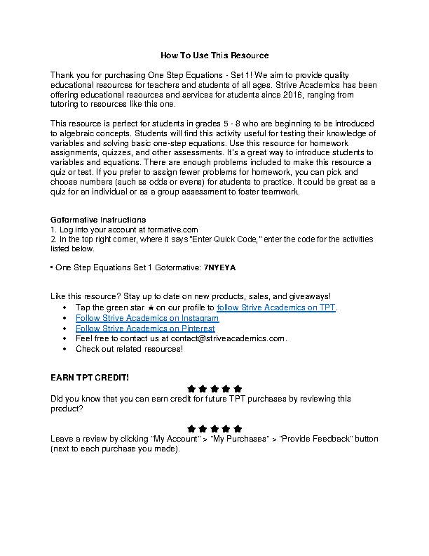 One Step Equations - Set 1 Goformative.com Digital Online Activity ...