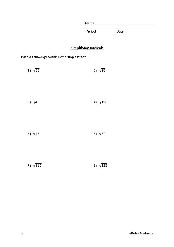 Simplifying Radicals - Set #1 - Classful