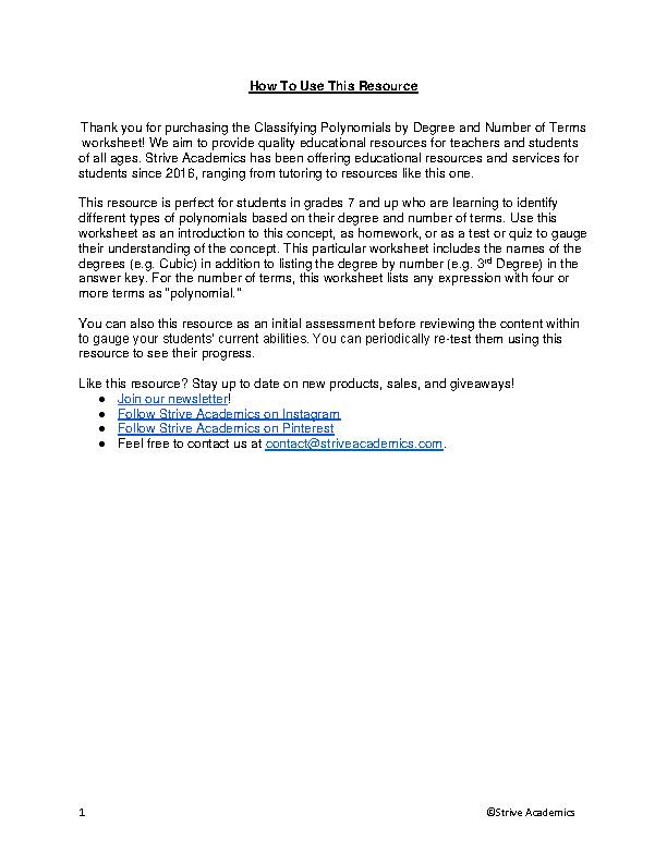 Classifying Polynomials By Degree and Number of Terms Algebra 1 and 2 ...