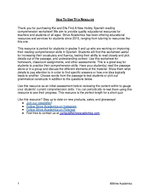 Kai and Ella Find A New Hobby Fiction Spanish Reading Comprehension ...