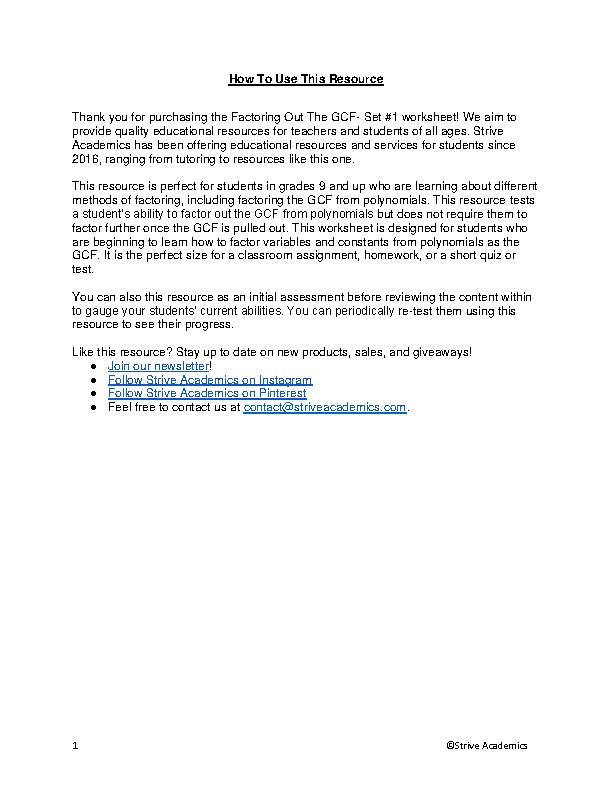 Factoring The GCF of Algebraic Expressions Set 1 Worksheet - Classful