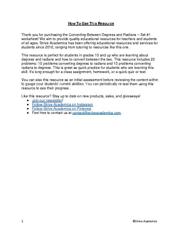 Converting Between Degrees and Radians Set 1 Worksheet - Classful