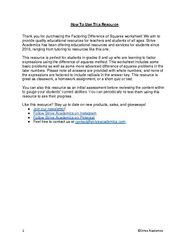 Difference of Squares Algebra and Factoring Quadratics Worksheet - Classful