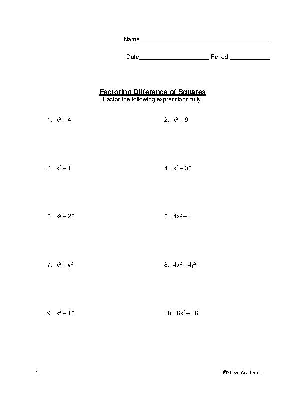 Difference of Squares Algebra and Factoring Quadratics Worksheet - Classful