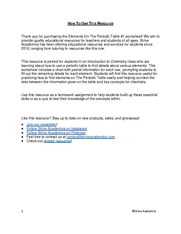 Elements on the Periodic Table Intro to Chemistry Practice Set 1 ...