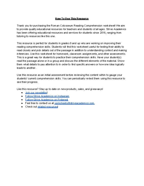 Roman Colosseum Reading Comprehension Worksheet - Classful