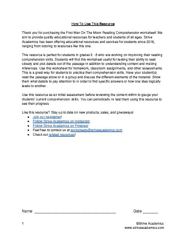 The First Man On The Moon Reading Comprehension Worksheet - Classful