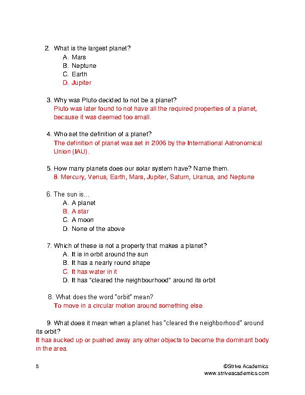 The Solar System Reading Comprehension Worksheet - Classful
