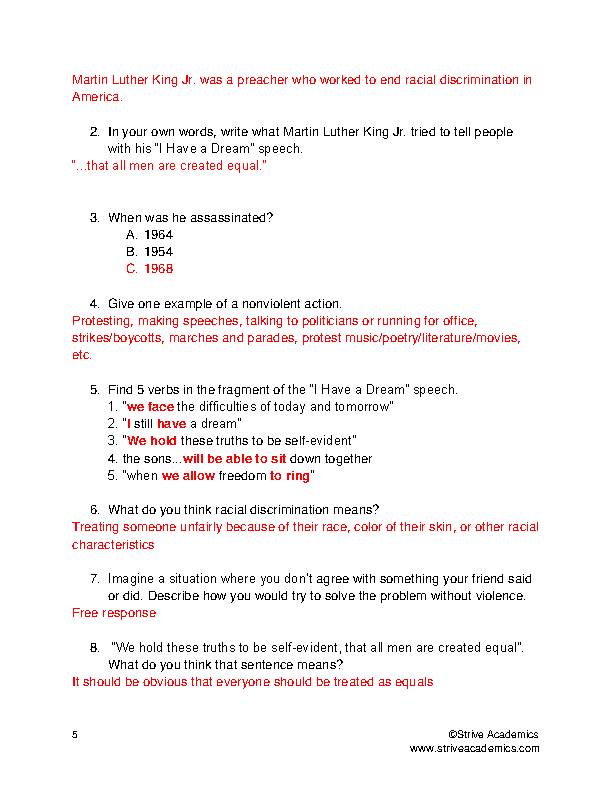 I Have A Dream Reading Comprehension Worksheet - Classful