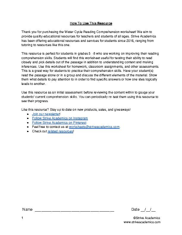 The Water Cycle Reading Comprehension Worksheet - Classful