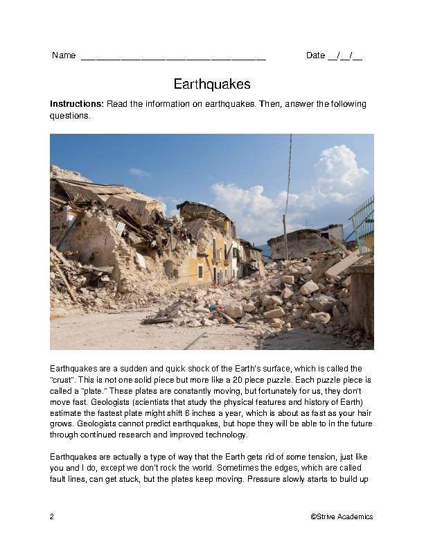 Earthquakes English Reading Comprehension Worksheet - Classful