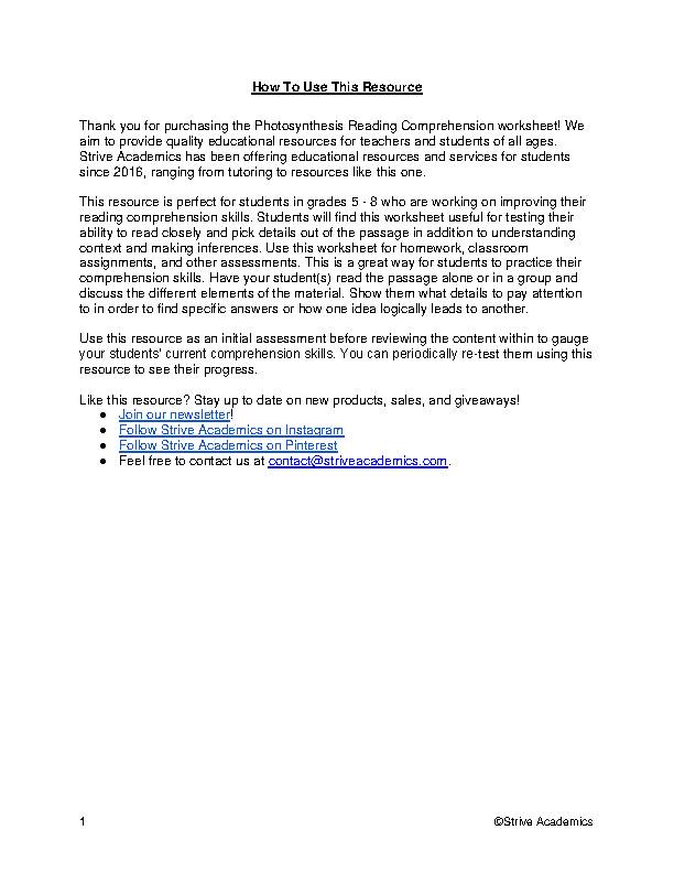 Photosynthesis English Reading Comprehension Worksheet - Classful