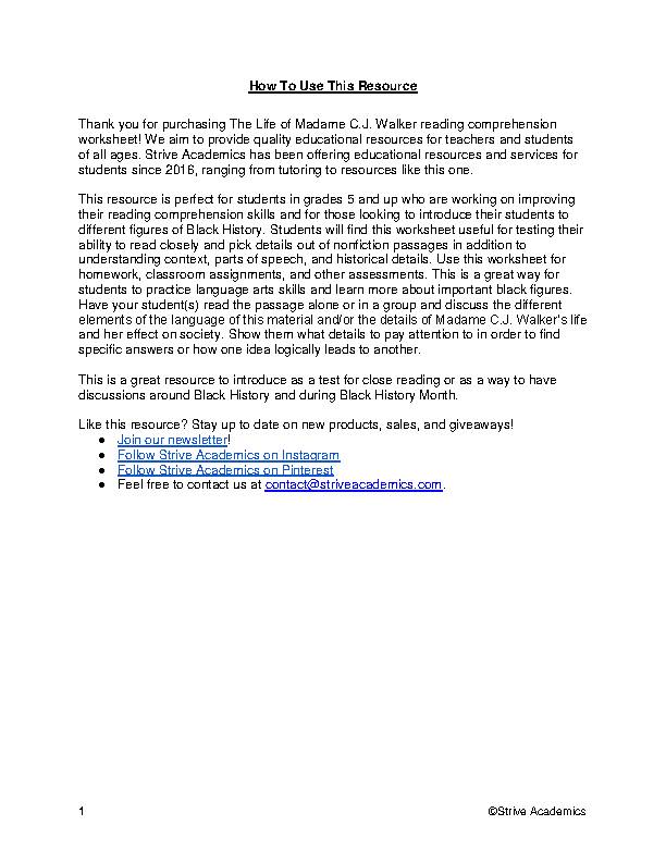 The Life of Madam C.J. Walker Reading Comprehension and History ...