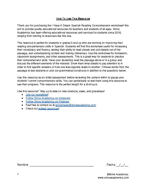 Tengo un Sueño/I Have A Dream Reading Comprehension Worksheet - Spanish ...