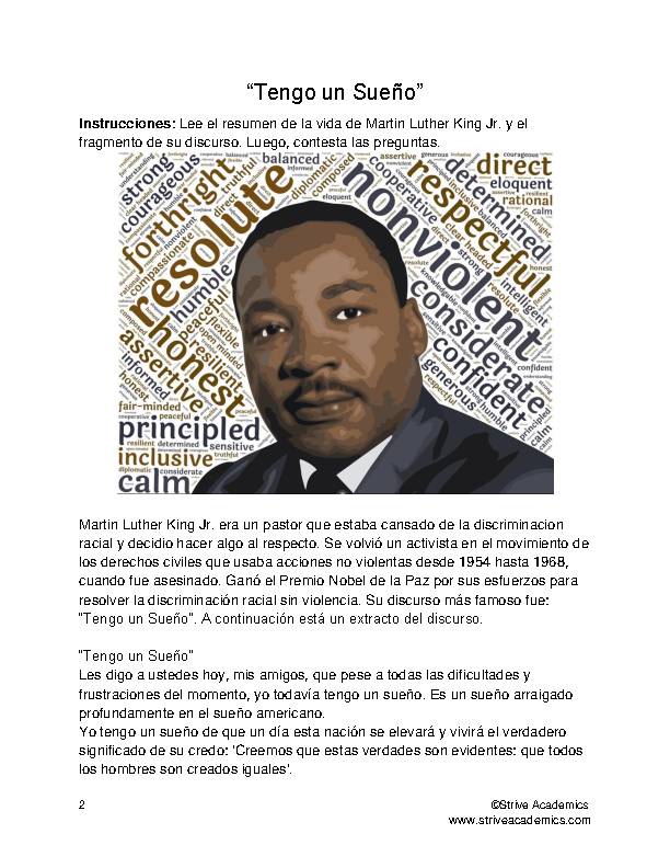 Tengo un Sueño/I Have A Dream Reading Comprehension Worksheet - Spanish ...