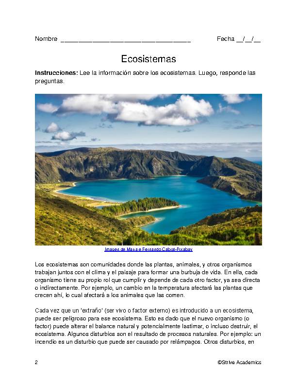 Ecosystems Spanish Reading Comprehension Worksheet - Classful