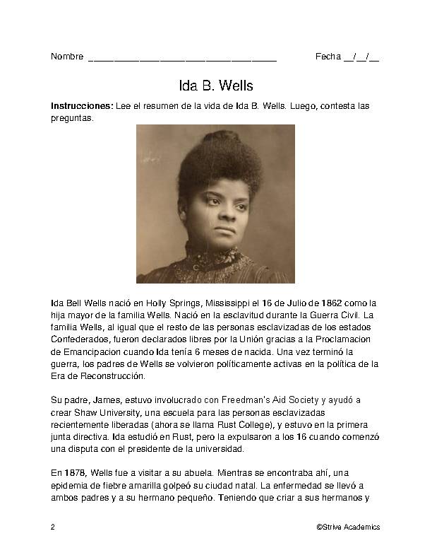 The Life of Ida B. Wells Spanish Reading Comprehension and History ...