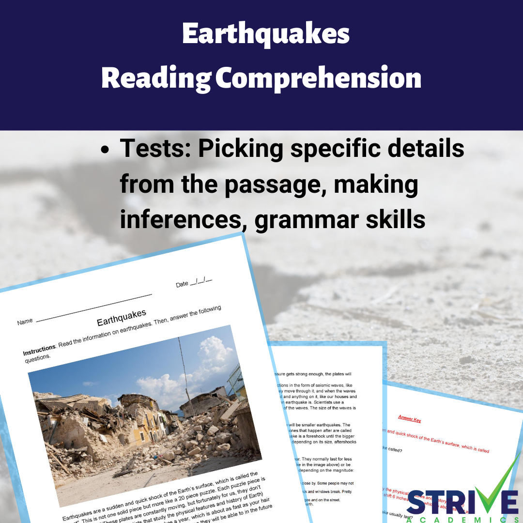 Earthquakes English Reading Comprehension Worksheet - Classful