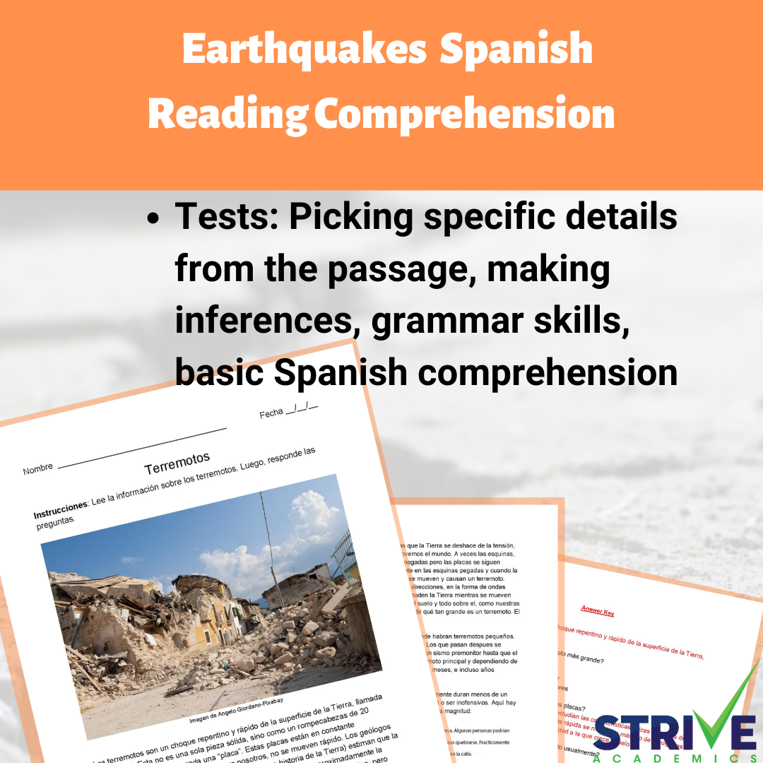Earthquakes Spanish Reading Comprehension Worksheet - Classful