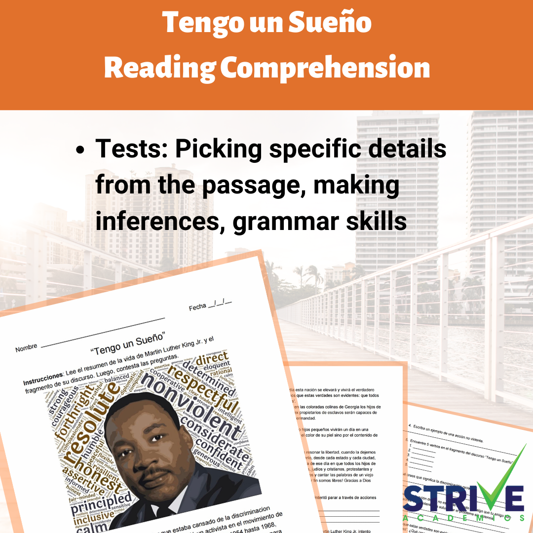 Tengo un Sueño/I Have A Dream Reading Comprehension Worksheet - Spanish ...