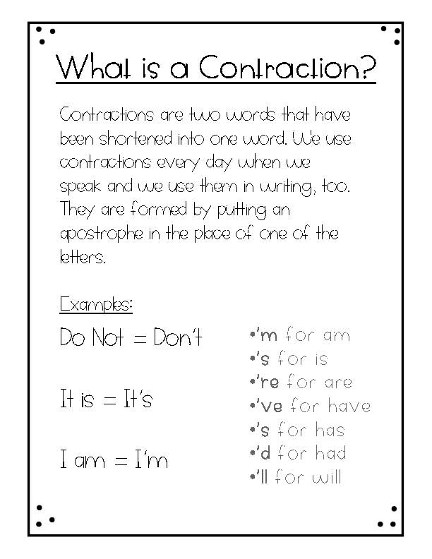 Contractions Worksheets and Lessons - Classful