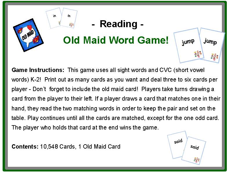 Old Maid Word Game! Printable Reading Game - Sight Words & CVC - K-2 ...