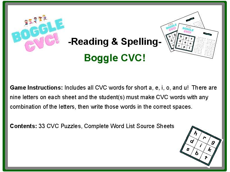 Boggle CVC! 33 Puzzles - Printable CVC Reading & Spelling Game- K-3 ...