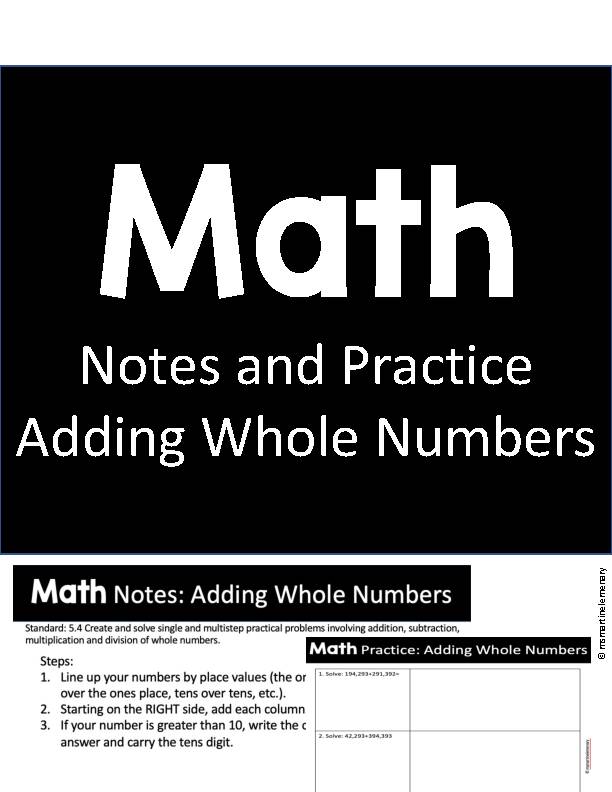 Notes and Practice- Adding Whole Numbers with Answer Key - Classful
