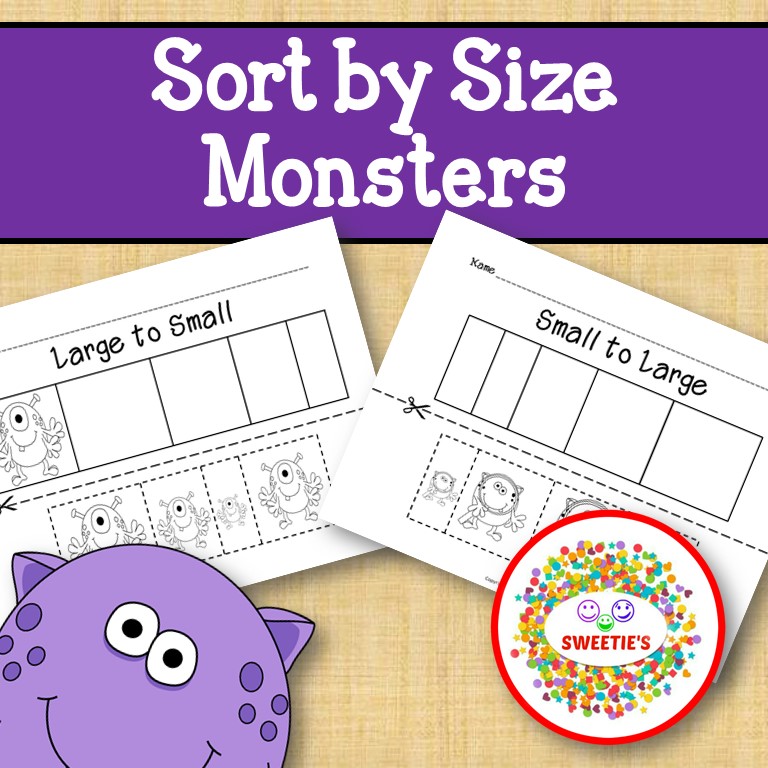 Sort by Size Activity Sheets - Color, Cut, and Paste - Monsters - Classful