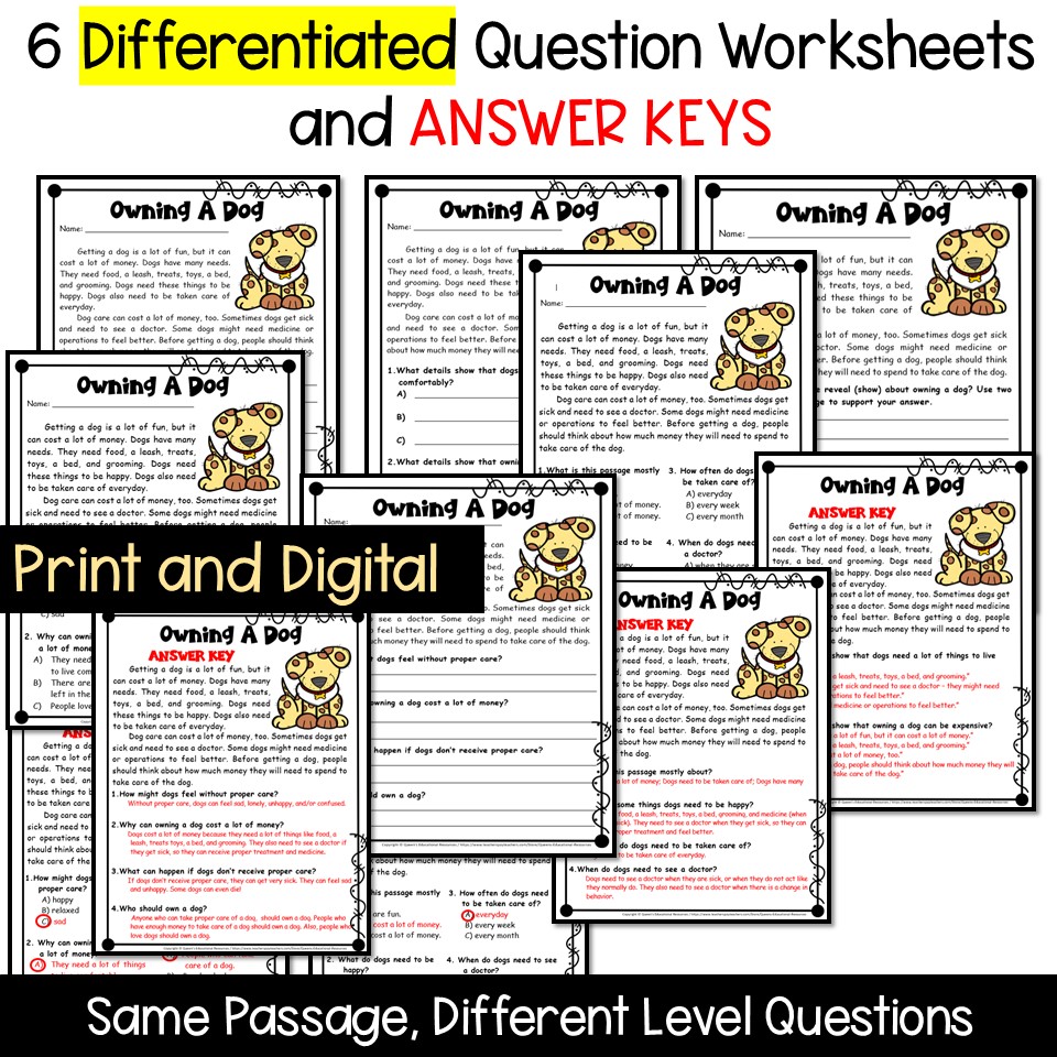 Reading Comprehension Packet - Owning A Dog (Print and Digital) - Classful