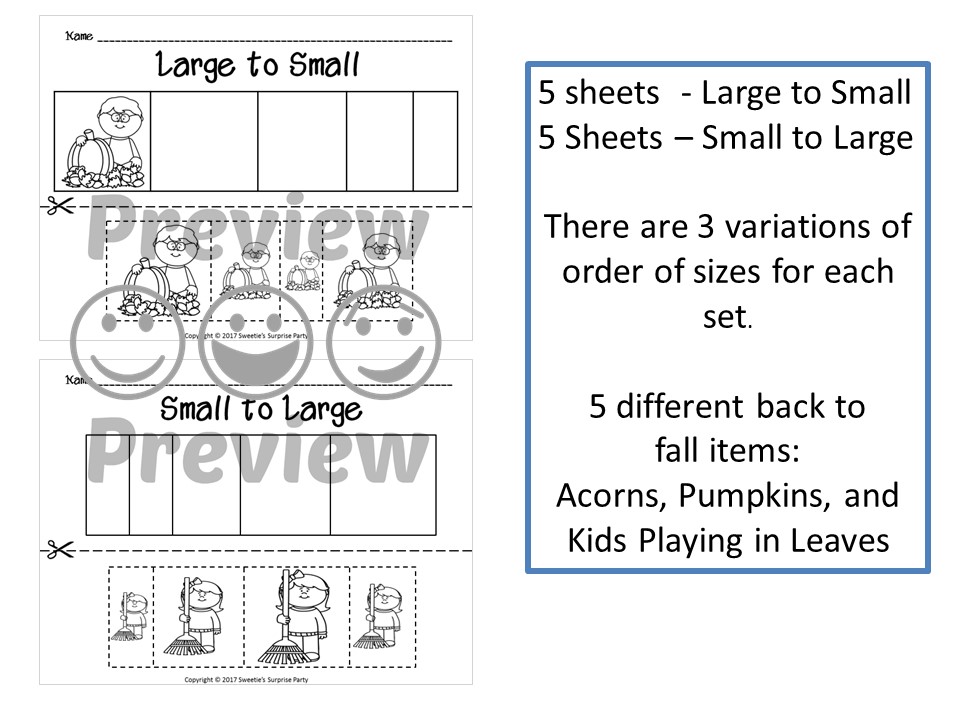 Sort by Size Activity Sheets - Color, Cut, and Paste - Autumn - Classful