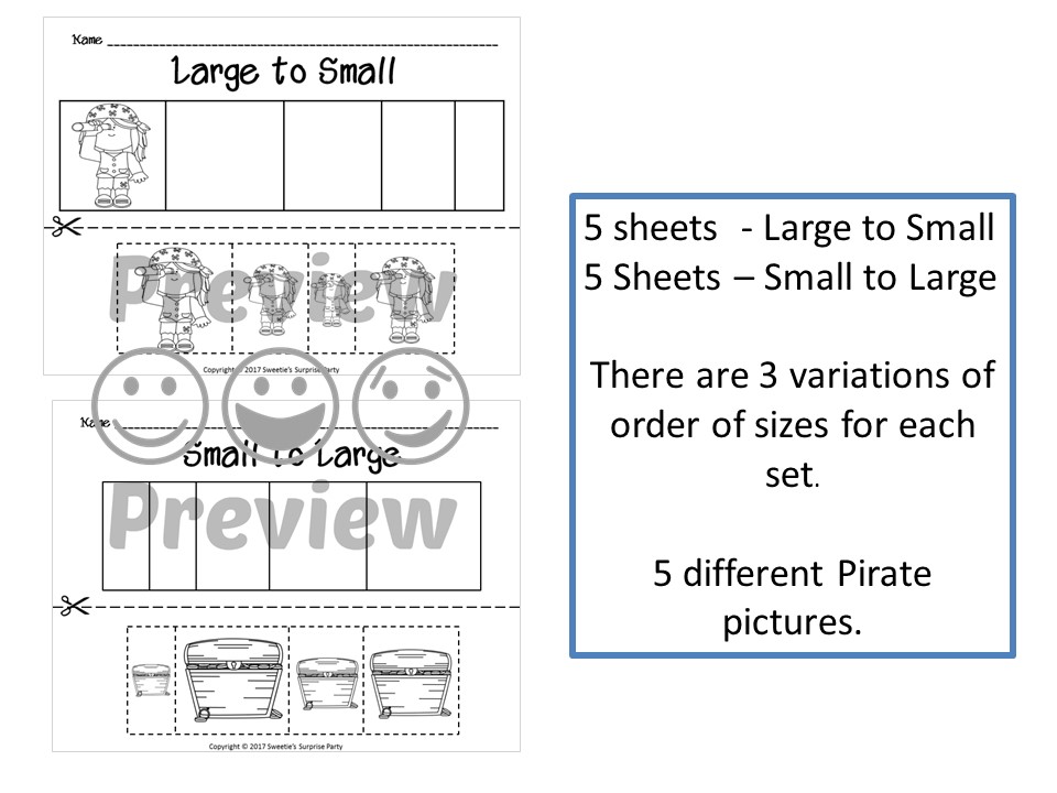 Sort by Size Activity Sheets - Color, Cut, and Paste - Pirate - Classful
