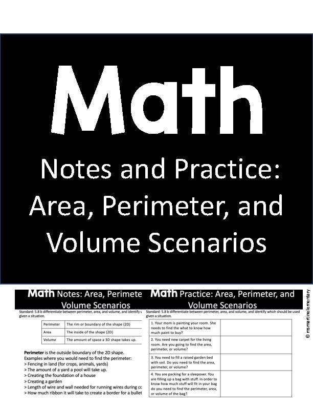 Math Notes and Practice- Area, Perimeter, and Volume Scenarios *with ...