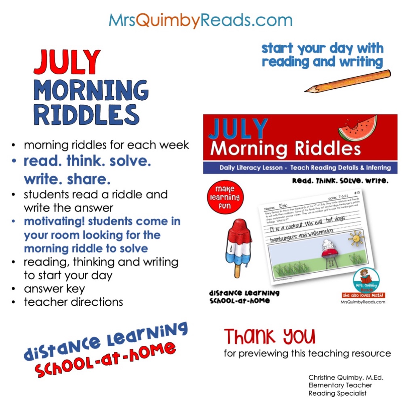 July Morning Riddles | Morning Seat Work | Literacy Center | Writing ...