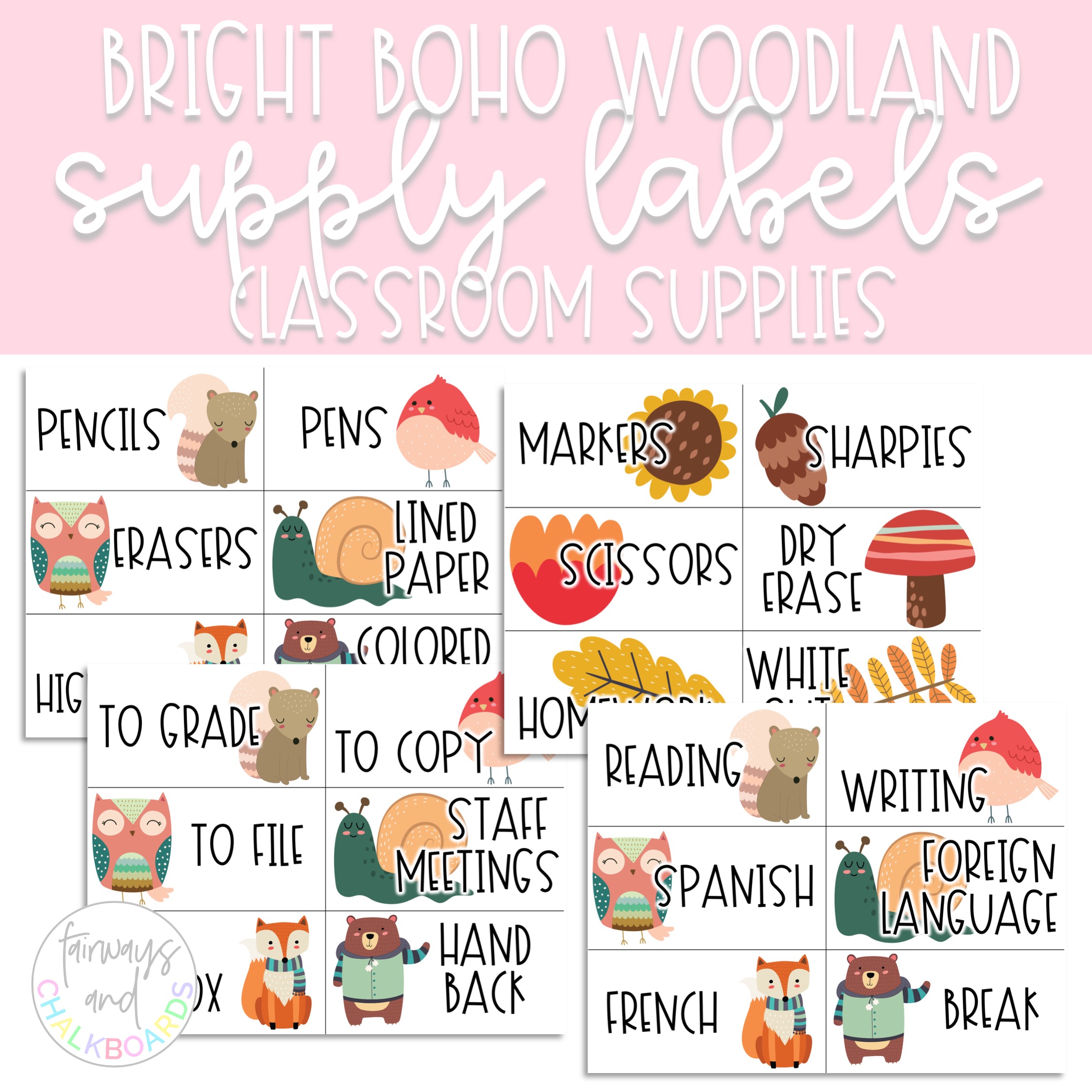 Bright Boho Woodland Classroom Supply Label Set - Classful