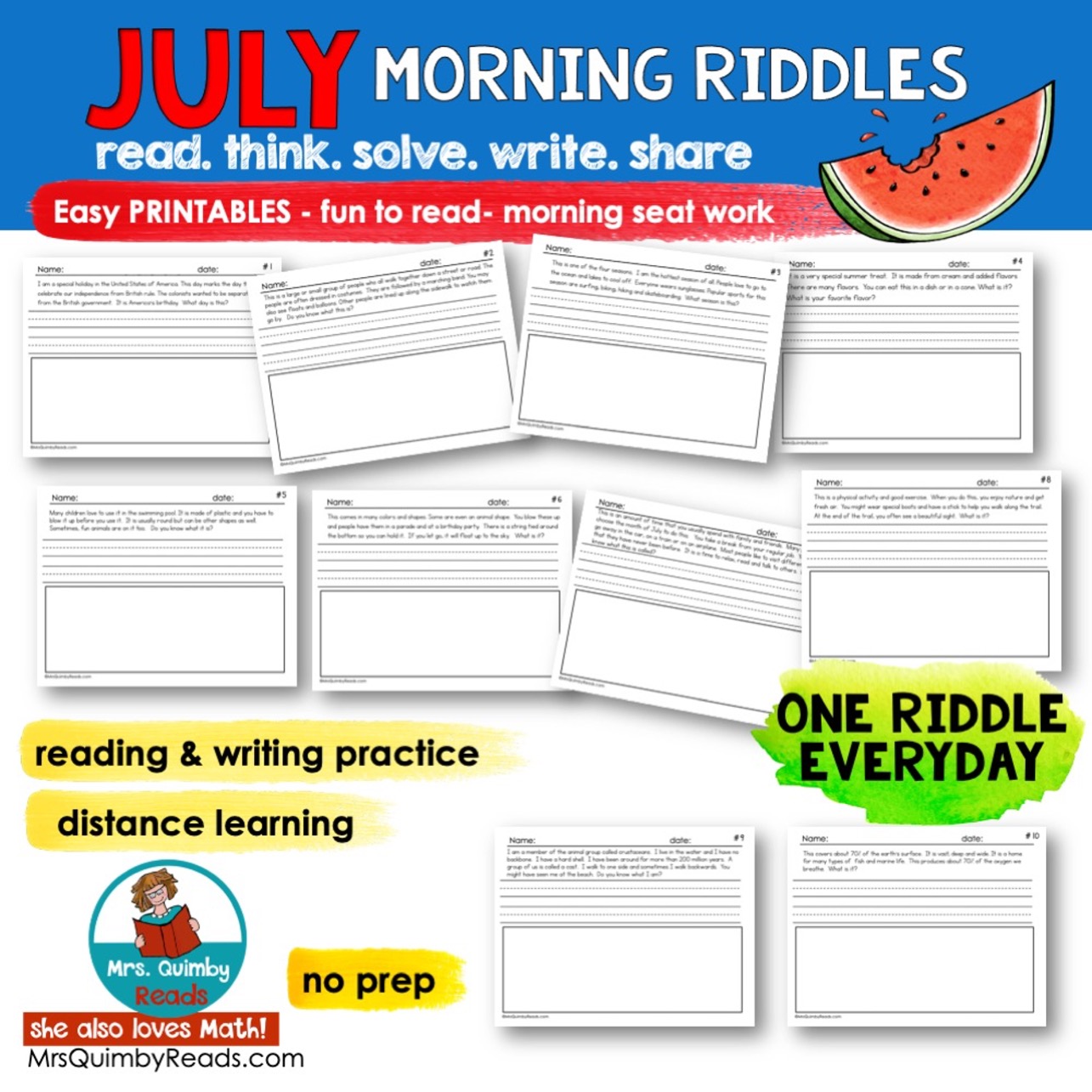 July Morning Riddles | Morning Seat Work | Literacy Center | Writing ...
