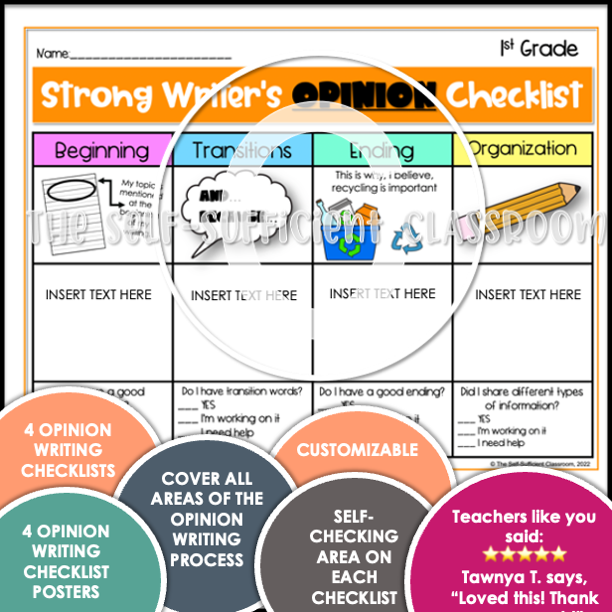 1st Grade Opinion Writing Checklist Editable - Classful