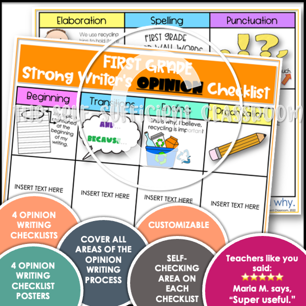 1st Grade Opinion Writing Checklist Editable - Classful