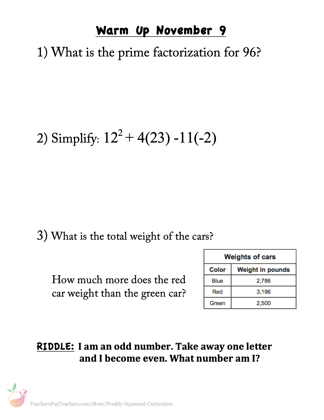 Grade 6 Math Warm-Up Problems - Classful