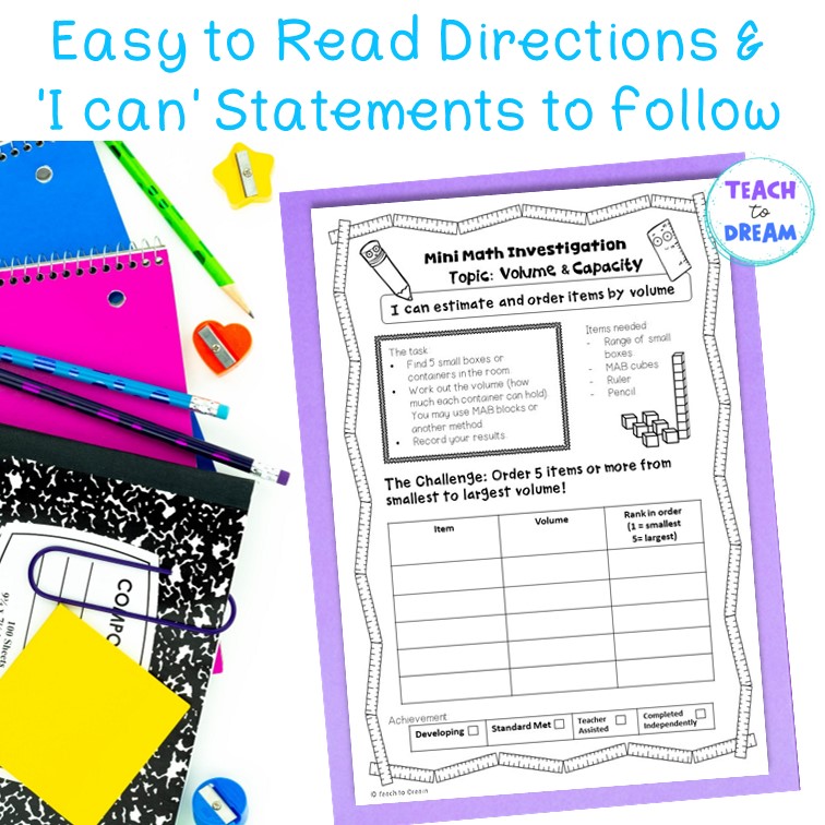 Mini Math Investigations Volume and Capacity Worksheets - Classful