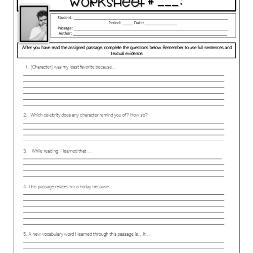 SECONDARY ENGLISH READER RESPONSE QUESTIONS [MINI-PACK] - Classful